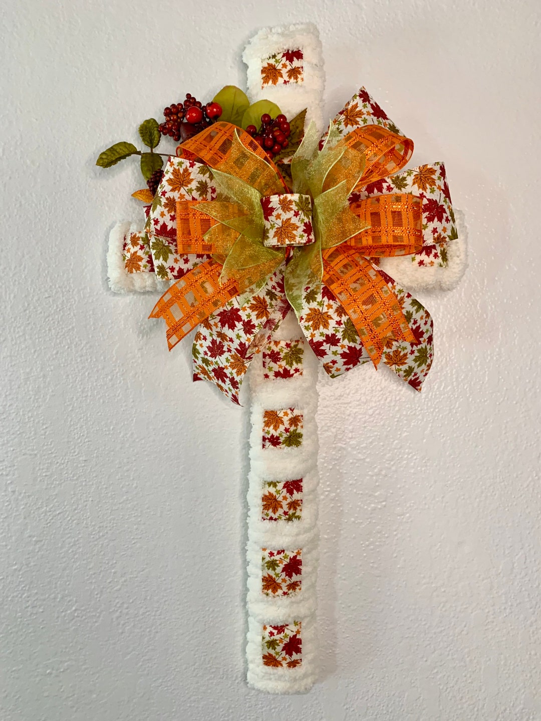 Yarn Wrapped Fall Cross Wreath, Ribbon Wreath, Autumn Wreath ...