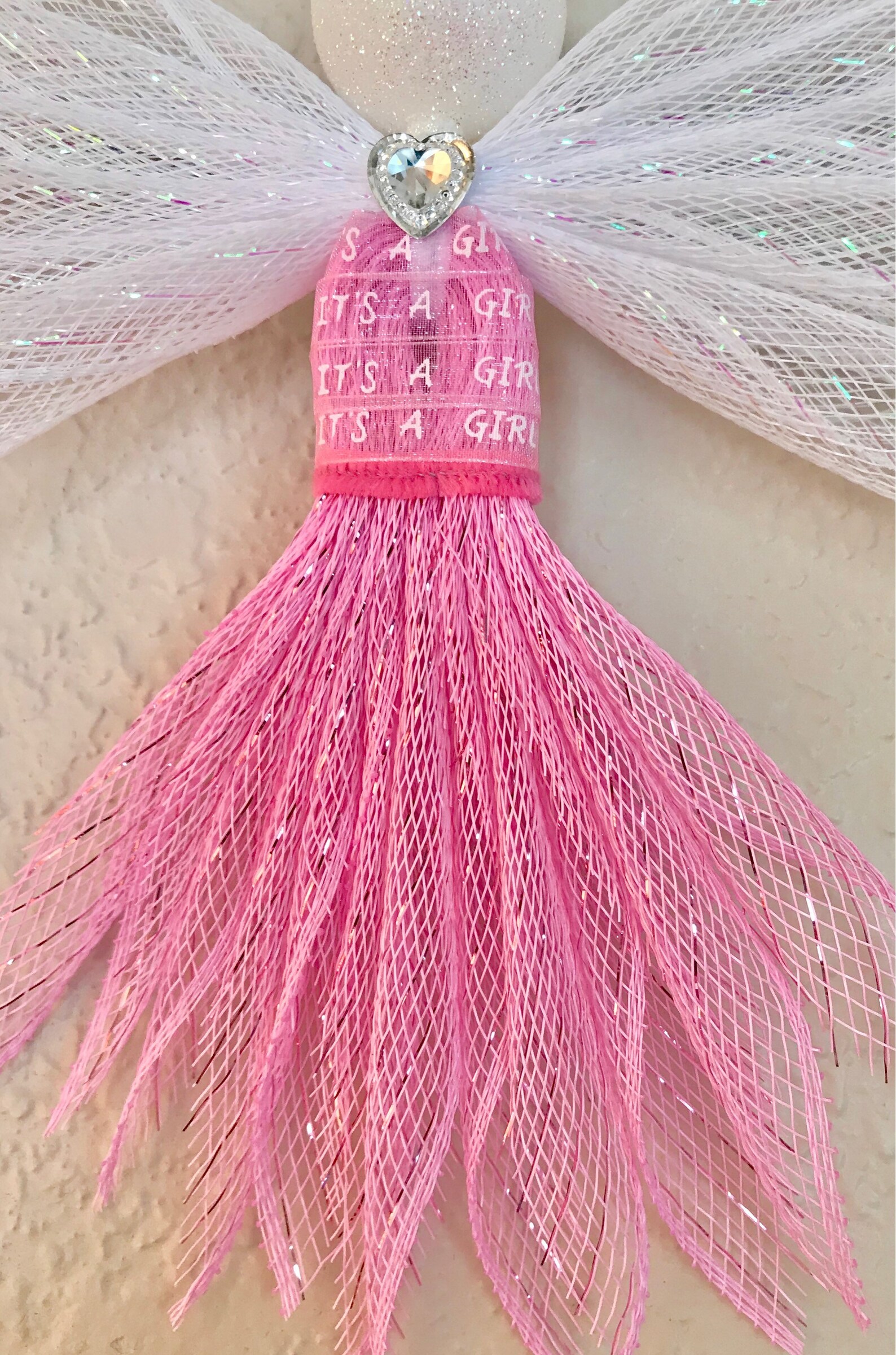 Small Deco Mesh Angel, Pink Angel, Angel Decor, Baby Shower Gift, It's ...
