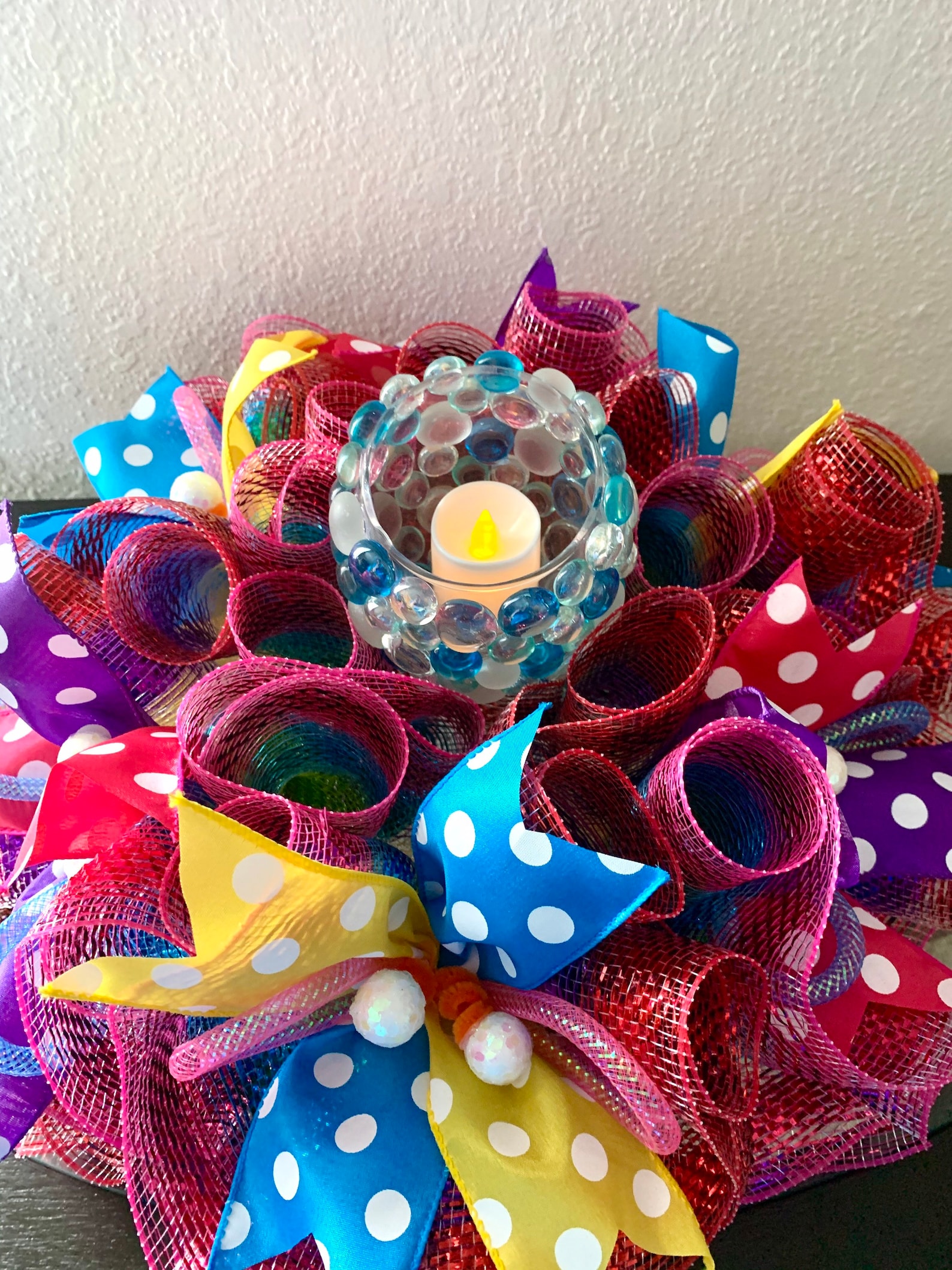 Deco Mesh Spring Centerpiece, Whimsical Decor, Bright Colors, Polka ...