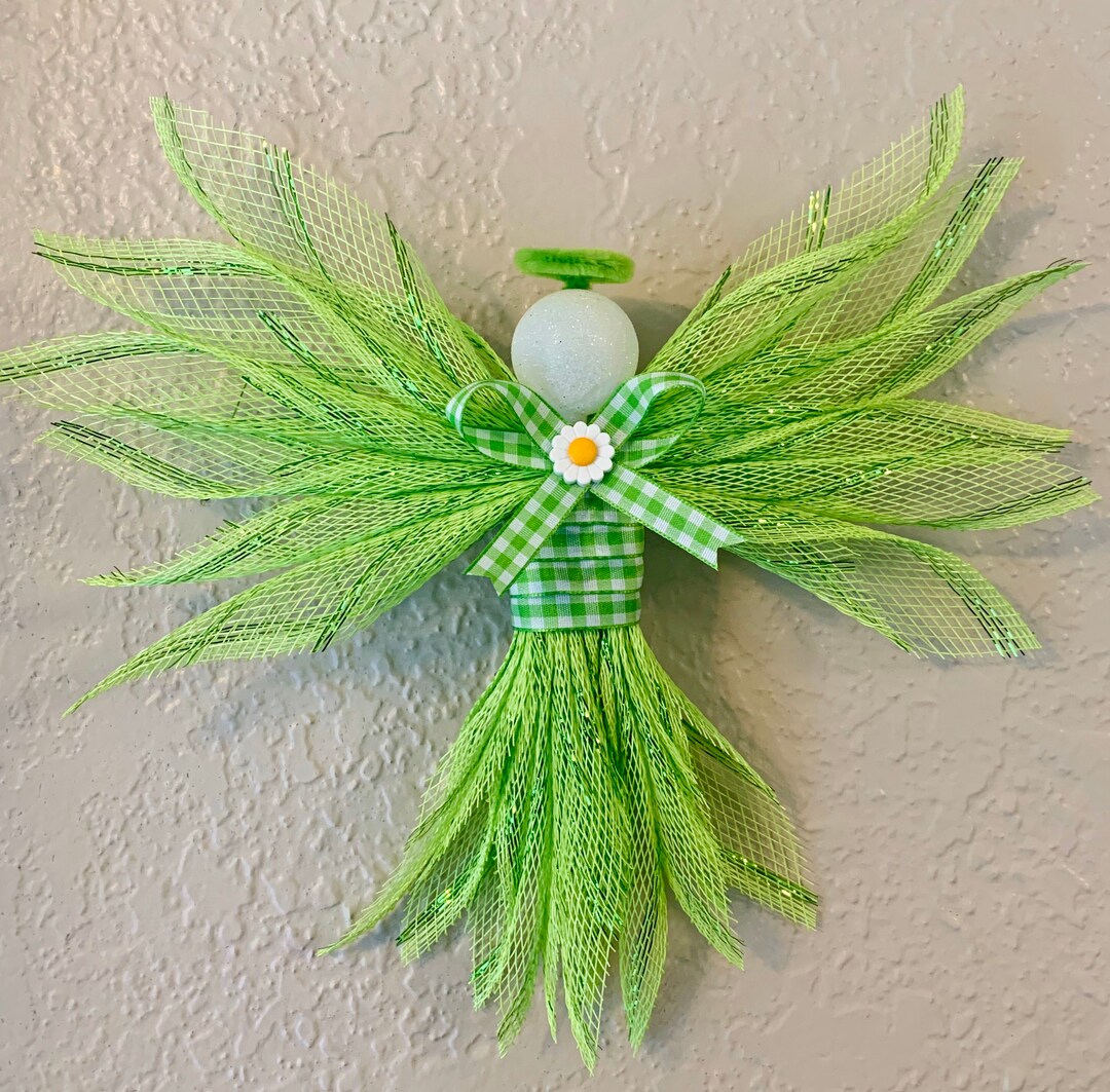 Small Deco Mesh Angel, Green and White Angel, Angel Decor, Nursery ...