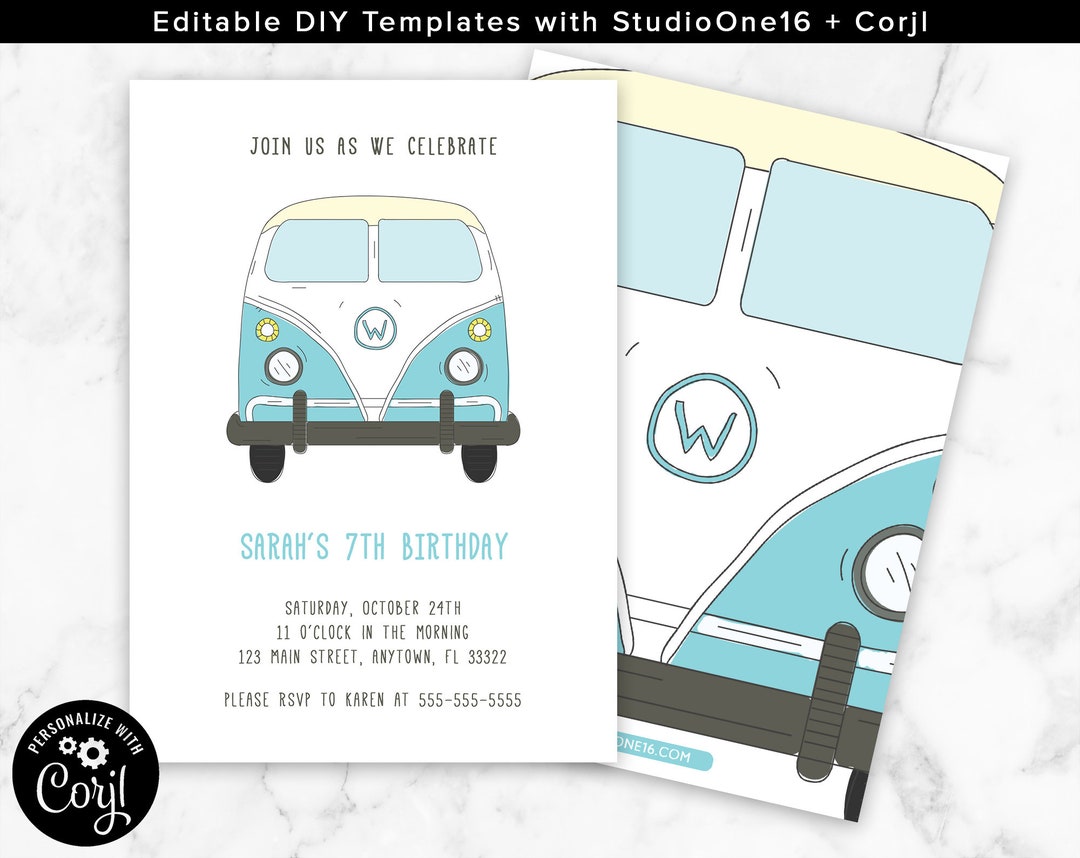 Editable VW Invitation VW Birthday VW Party Vw Invite Truck Invitation ...