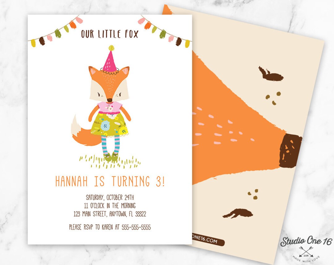 Girl Fox Birthday Invitation, Girl Fox Invitation, Fox Party Invite ...