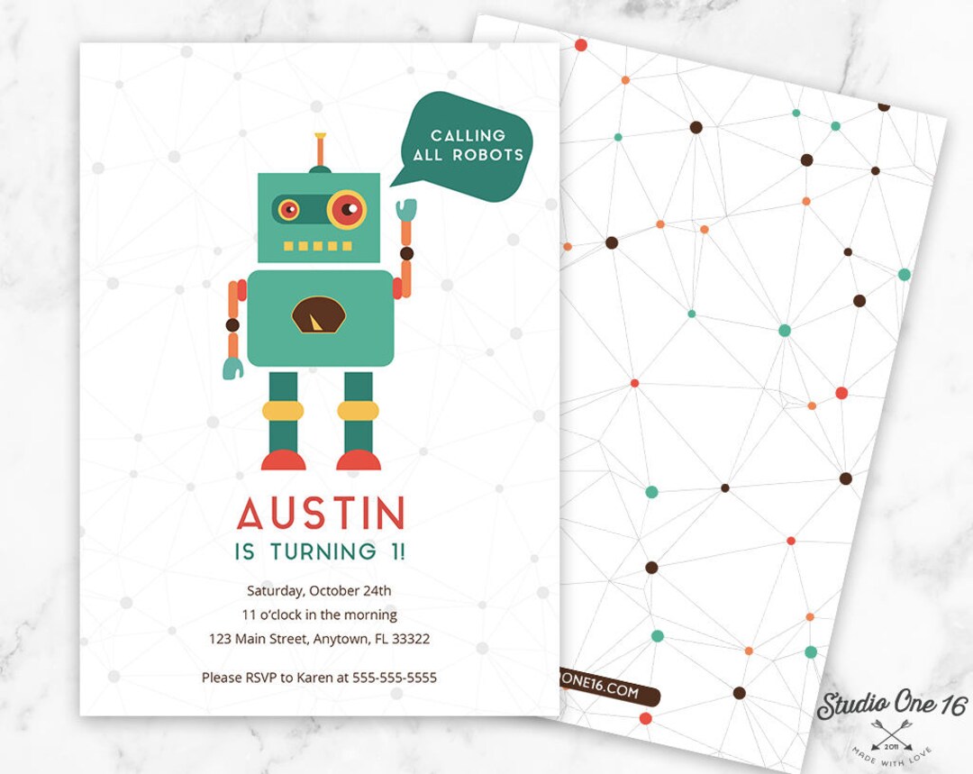 Robot Birthday Invitation, Robot Invitation, Robot Party Invite, Robot ...