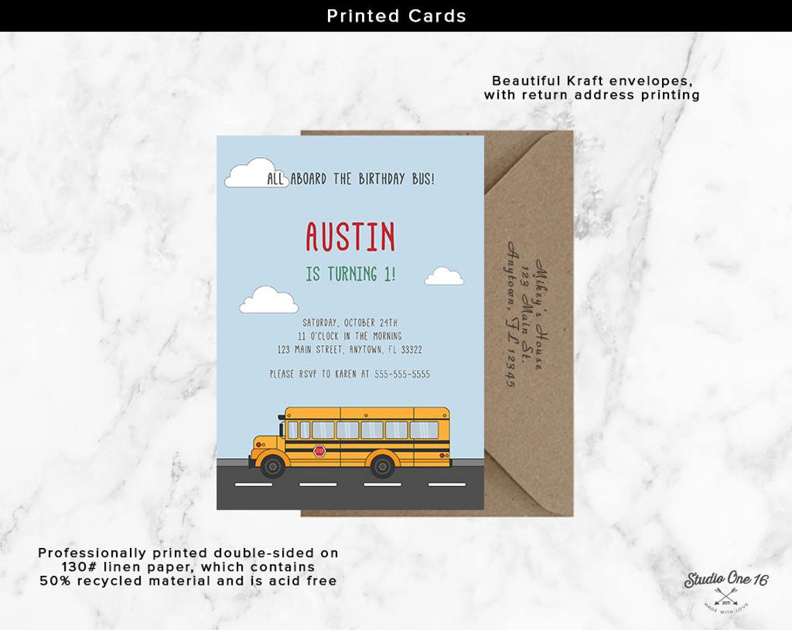 Printed Bus Party Invitation Bus Birthday Invitation School | Etsy
