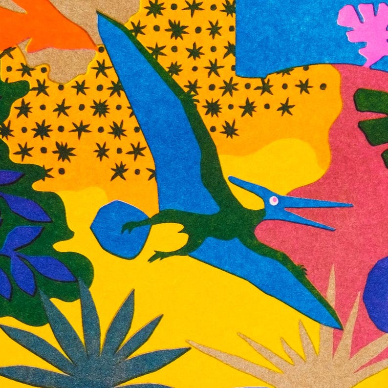 A3 Riso Print Full of Dinosaurs, Patterns and Plants - Etsy