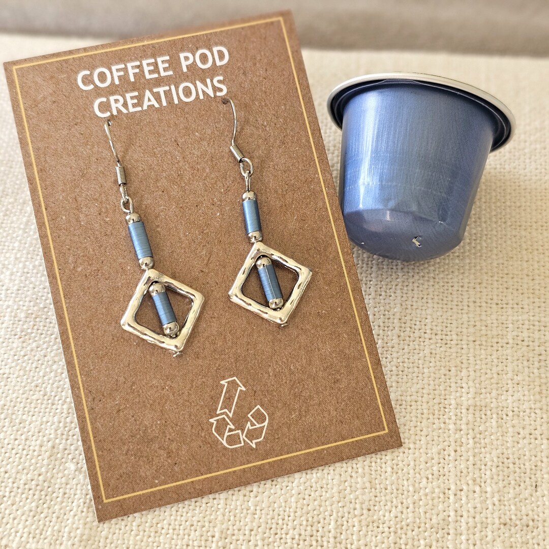 Handmade Blue Coffee Pod Earrings: Silver Diamond Dangle, Eco-friendly ...