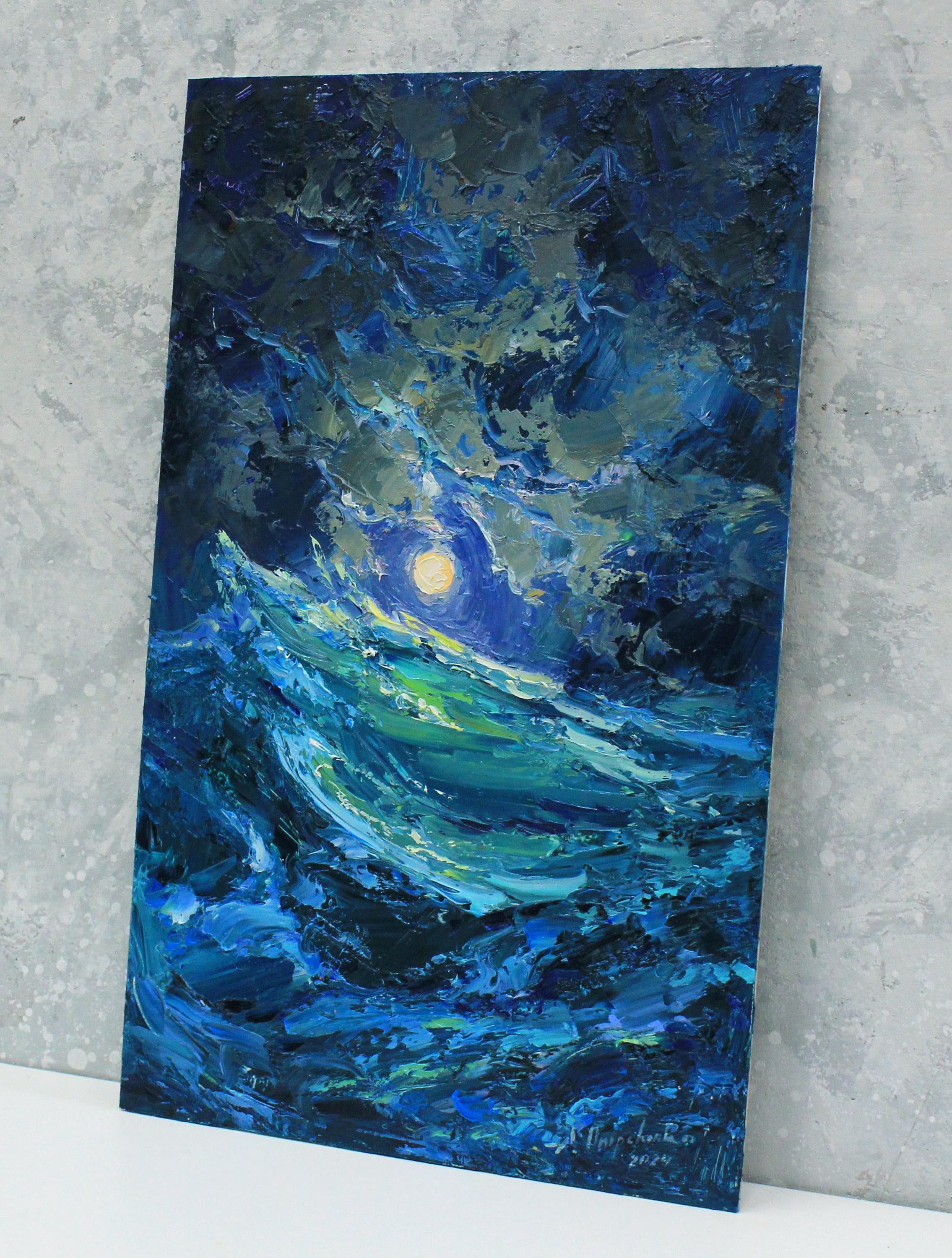 Moon Oil Painting Original, Night Sky Painting, Small Oil Painting ...