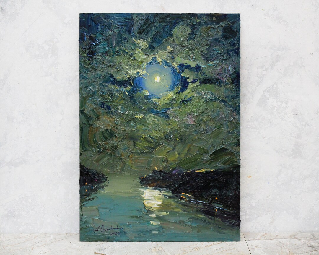 Moon Oil Painting Original, Night Sky Painting, Small Oil Painting ...
