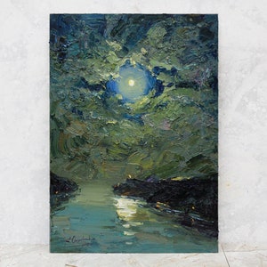 Moon Oil Painting Original, Night Sky Painting, Small Oil Painting ...