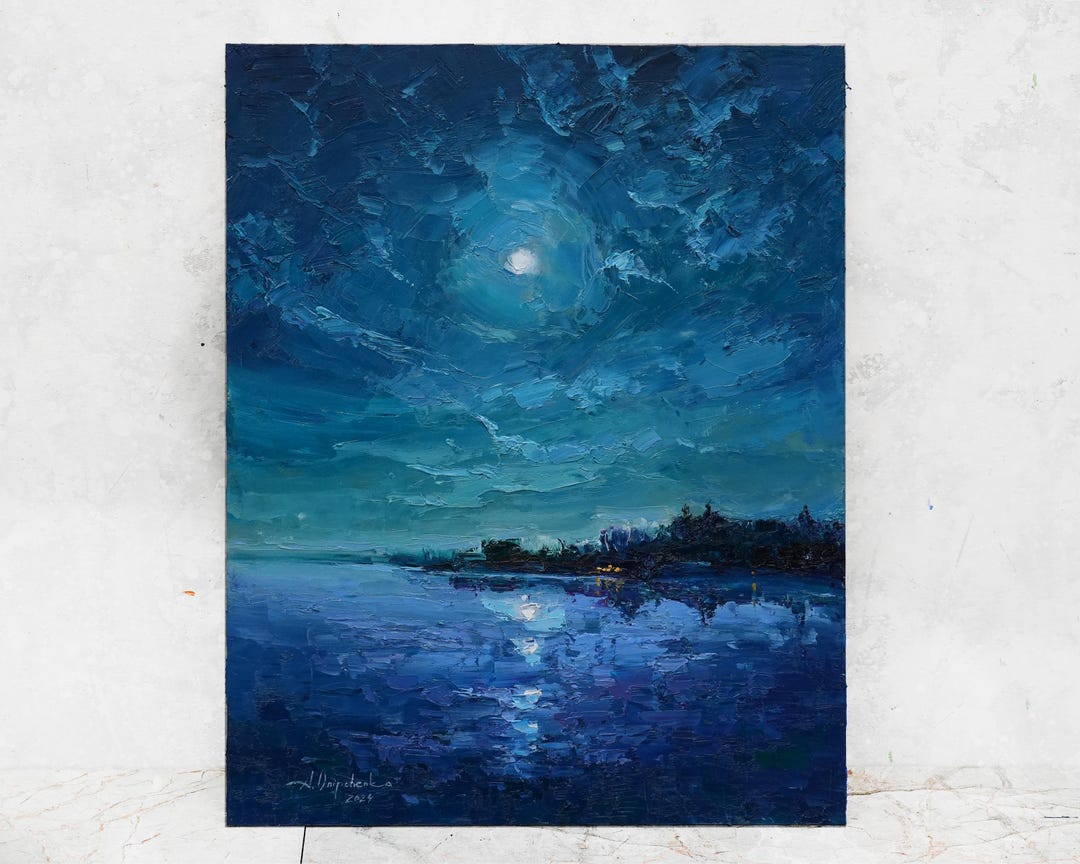 Moon Oil Painting Original, Night Sky Painting, Small Oil Painting ...
