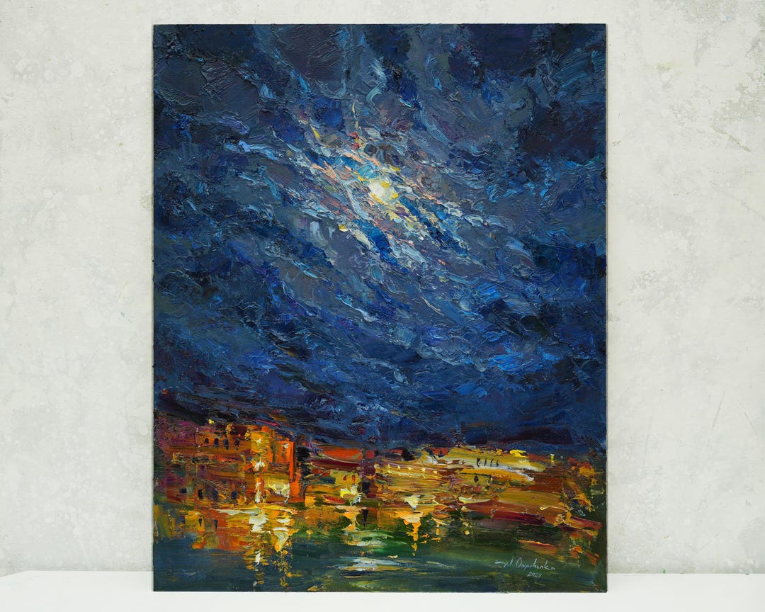 Moon Oil Painting Original, Night Sky Painting, Small Oil Painting ...