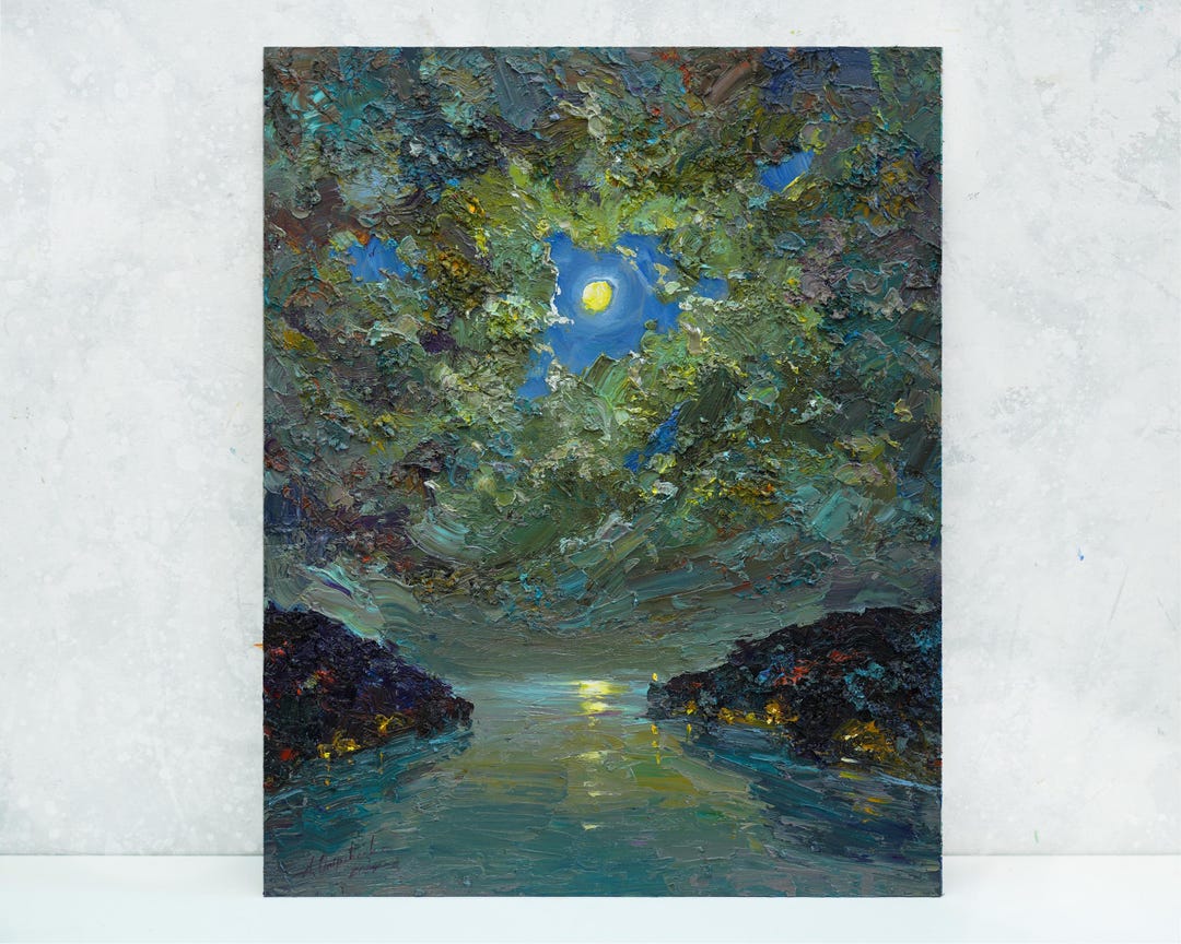 Moon Oil Painting Original, Night Sky Painting, Small Oil Painting ...