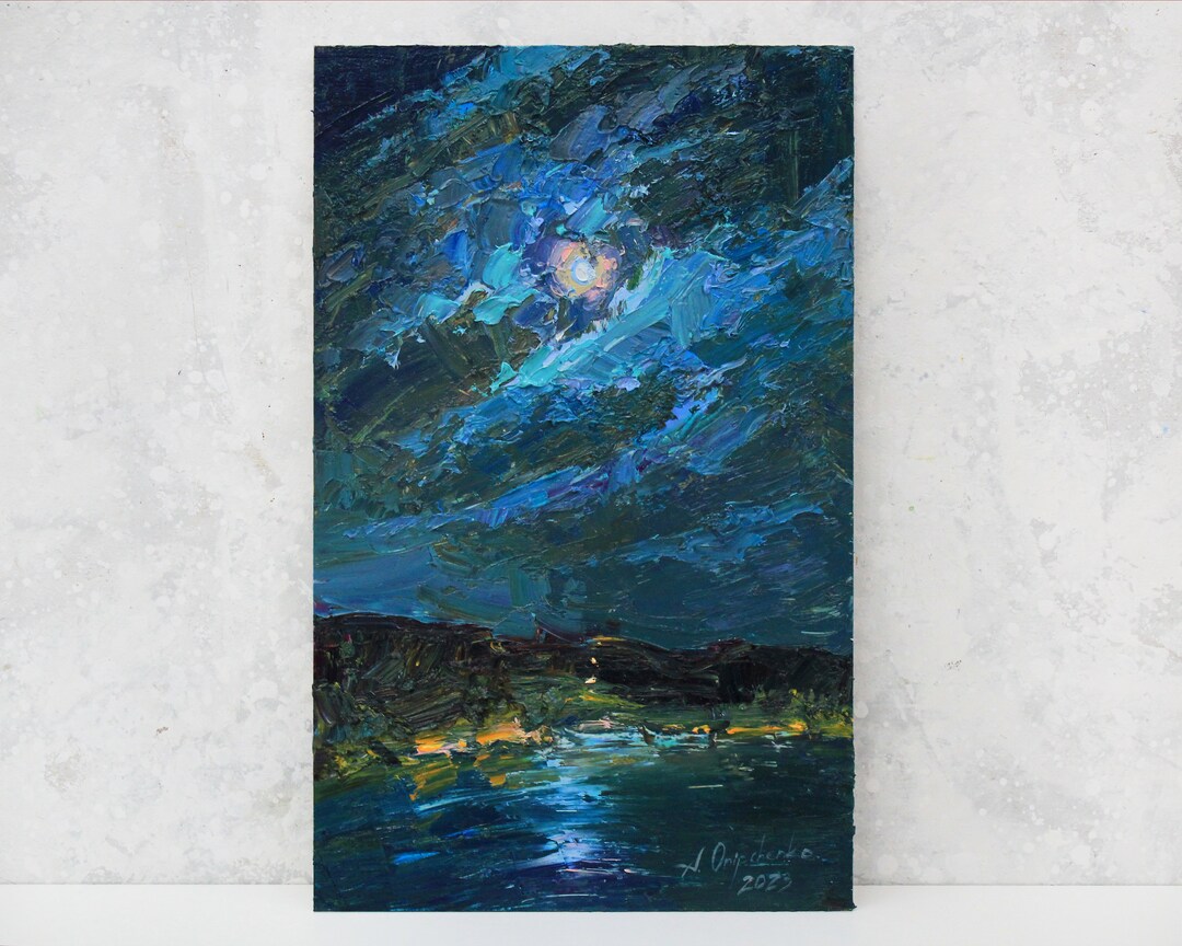 Moon Oil Painting Original, Night Sky Painting, Small Oil Painting ...