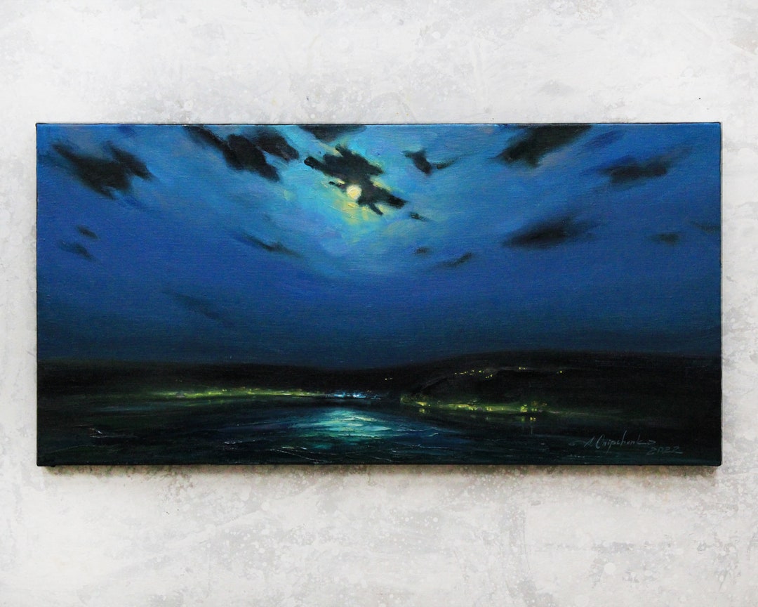 Night Sky View Painting Full Moon Oil Painting Original Halloween ...