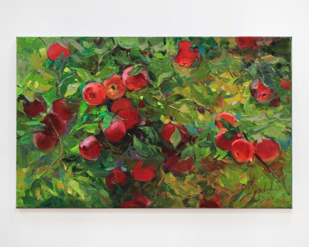 Red Apple Tree Oil Painting Apple Kitchen Decor Signed Artwork ...