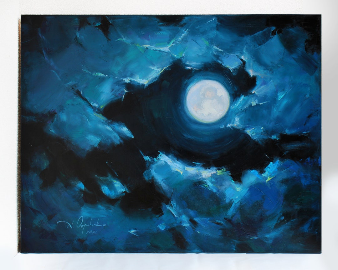 Large Oil Painting Night Sky Art Moon and Clouds Original Artwork Moon ...