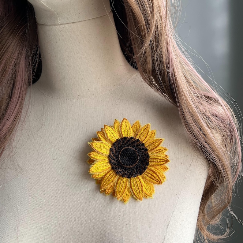 Sunflower Brooch, Embroidery Lace Flower Pin 3,5’. Sunflower Corsage ...
