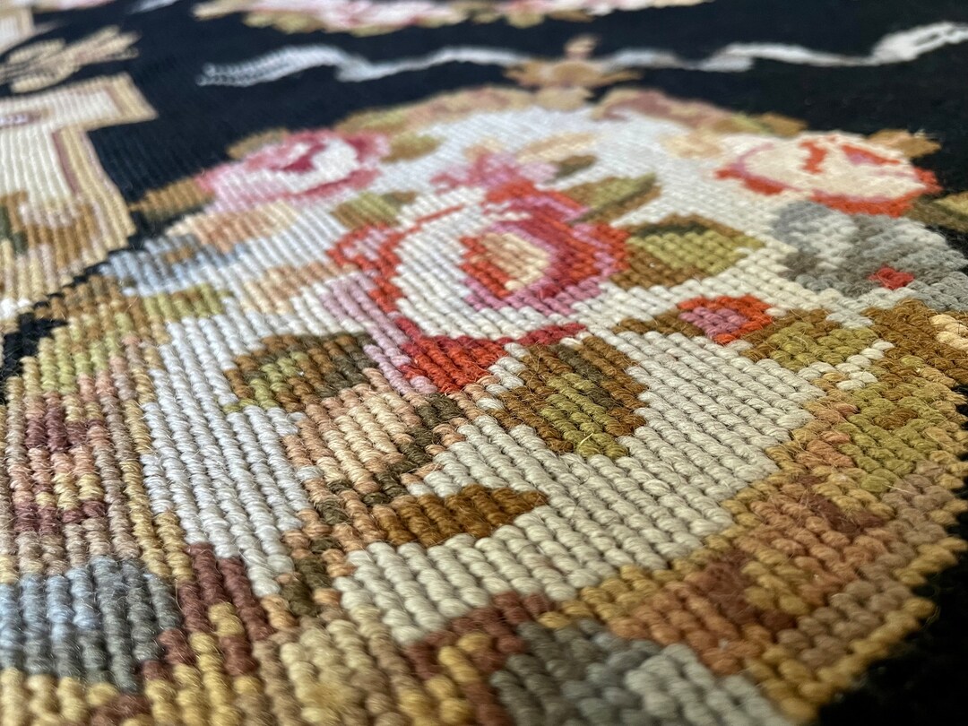 Vintage Dark Academia Crewel Rug, French Victorian Style Black and ...