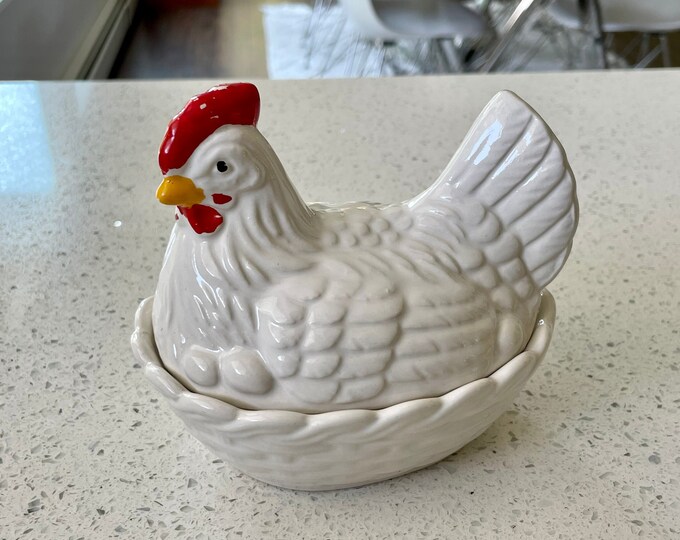 Vintage Chicken on Nest Ceramic Container Cottagecore Farmhouse Kitchen ...