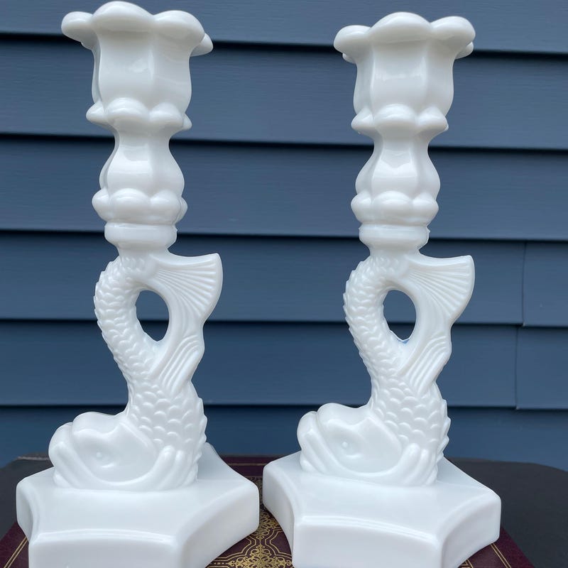 Milk Glass Dolphin Candlesticks - Etsy