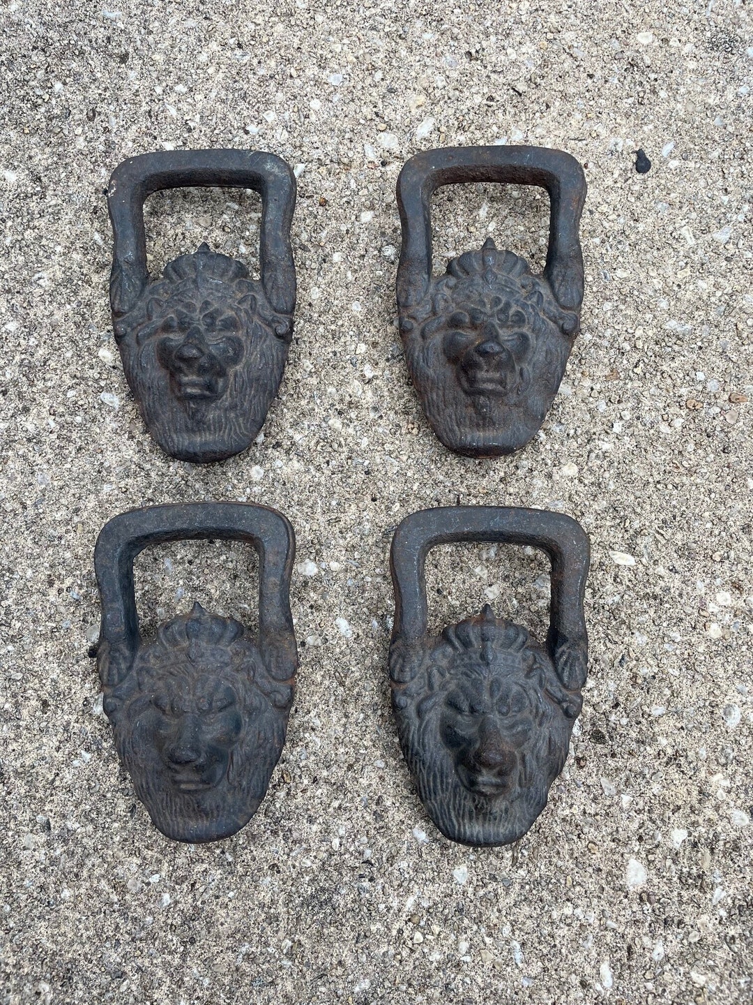 Four (4) Heavy Cast Iron LION HEAD Handles - Vintage Metal Figural ...