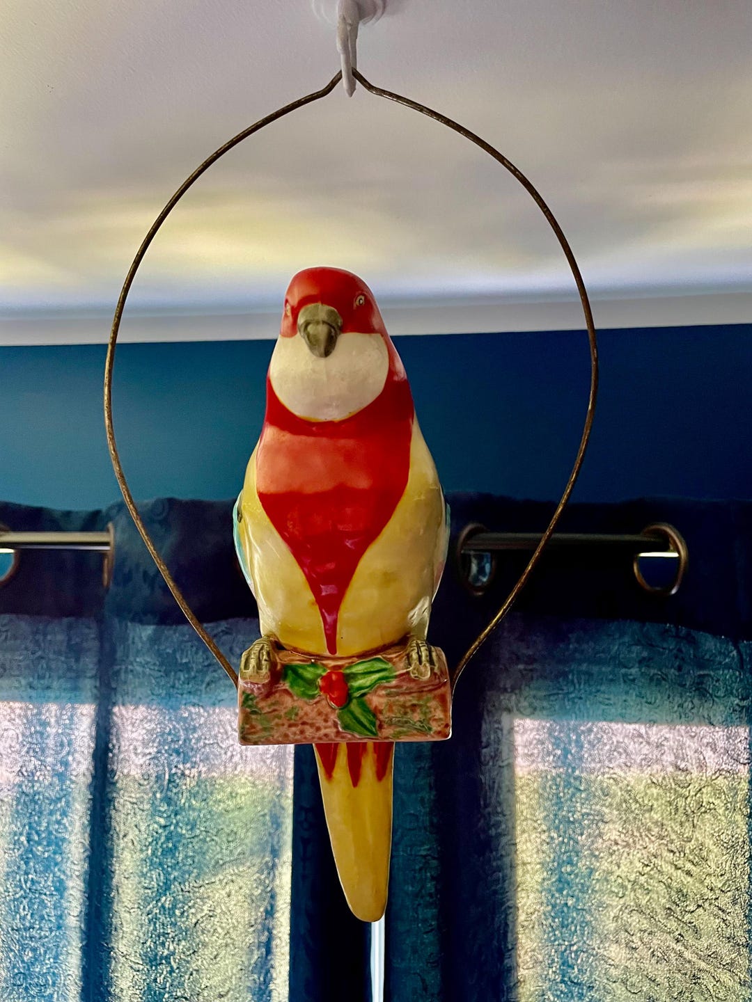 Vintage Ceramic Parrot Planter Hanging on a Wire Perch 1950's Parrot ...