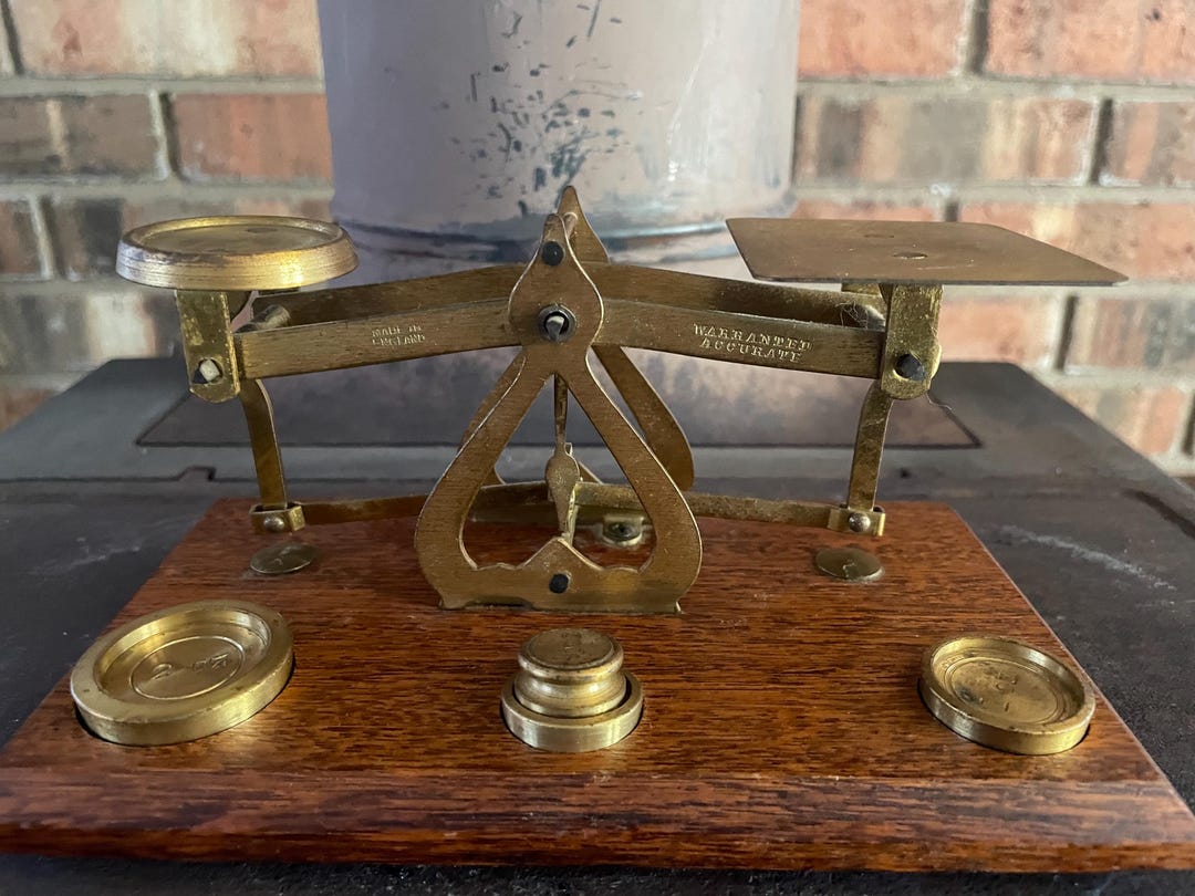 Victorian Wood and Brass Postal Scale With 4 Brass Weights ~ Antique ...