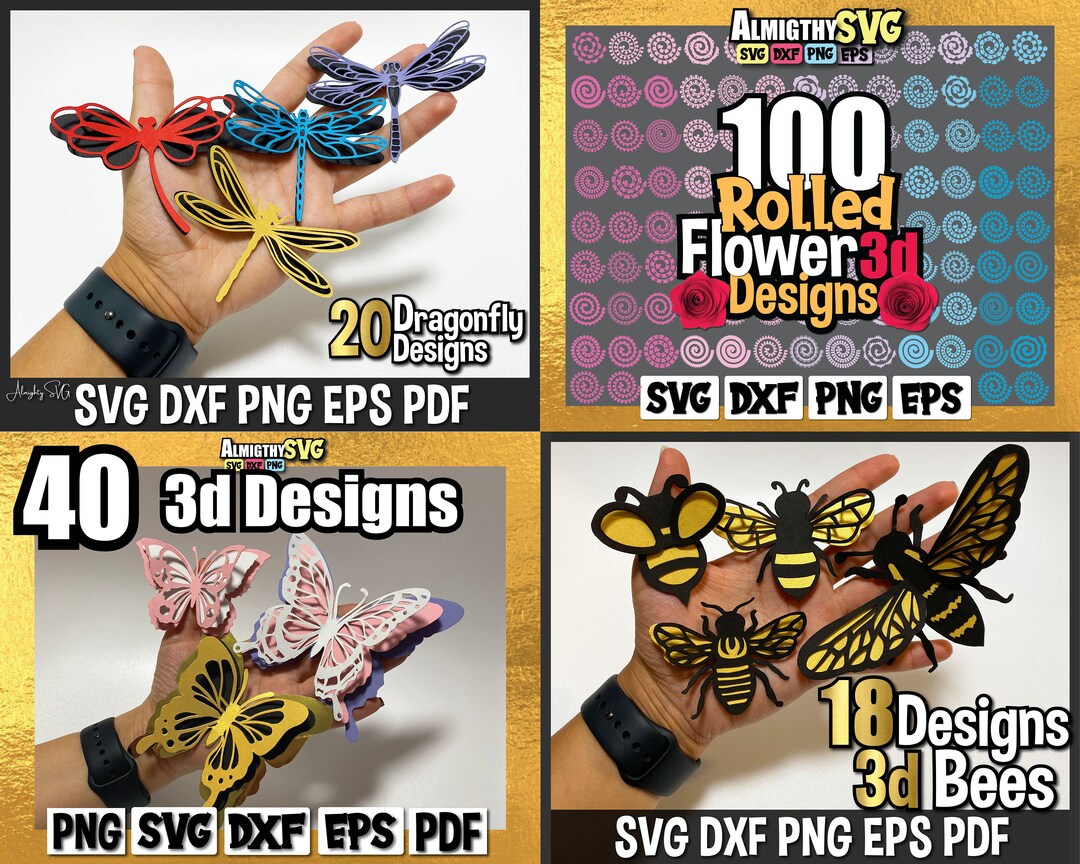 Butterfly SVG, Bee Svg, Dragonfly Svg, Rolled Flower Svg, DIY SVG for ...