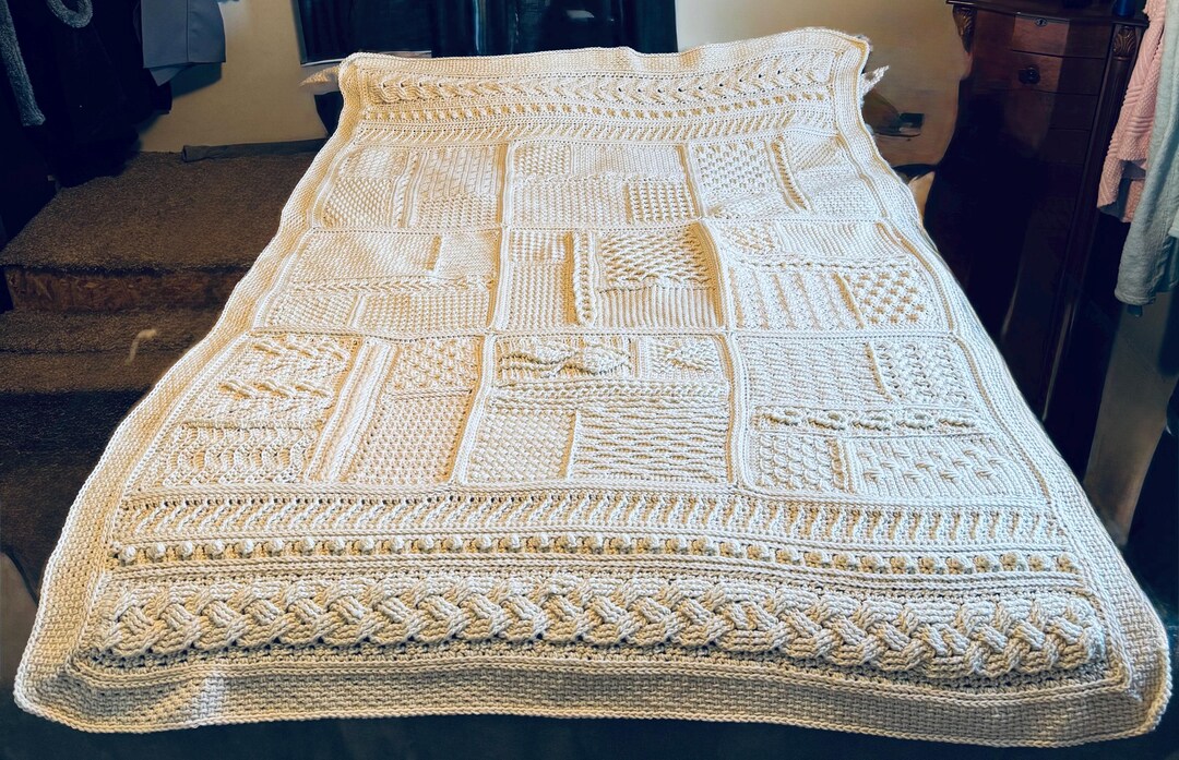 Irish Fields Gansey Crocheted Afghan, Handmade 50"x66", Cream Textured ...