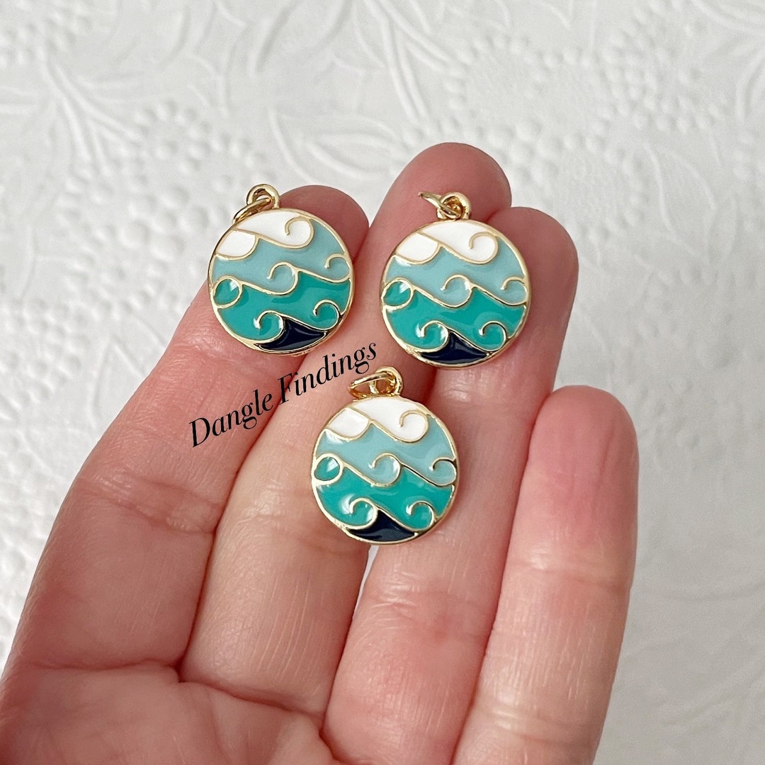 3 Ocean Wave Charms, Blue Sea, Enamel, Beach Themed, Gold Plated, DIY ...