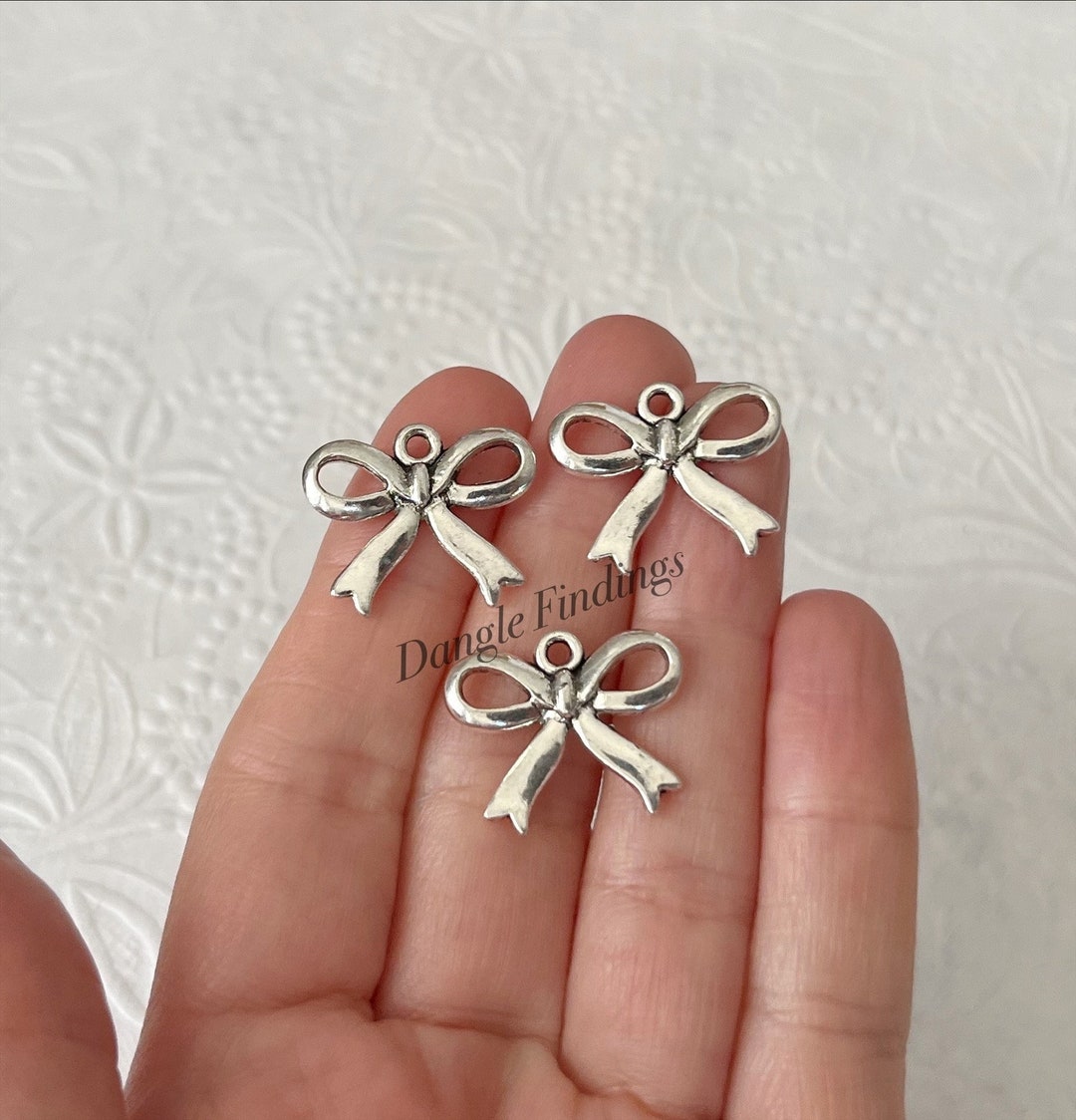 10 Silver Bow Charms for Christmas Holiday or Birthday Jewelry, 21mm ...