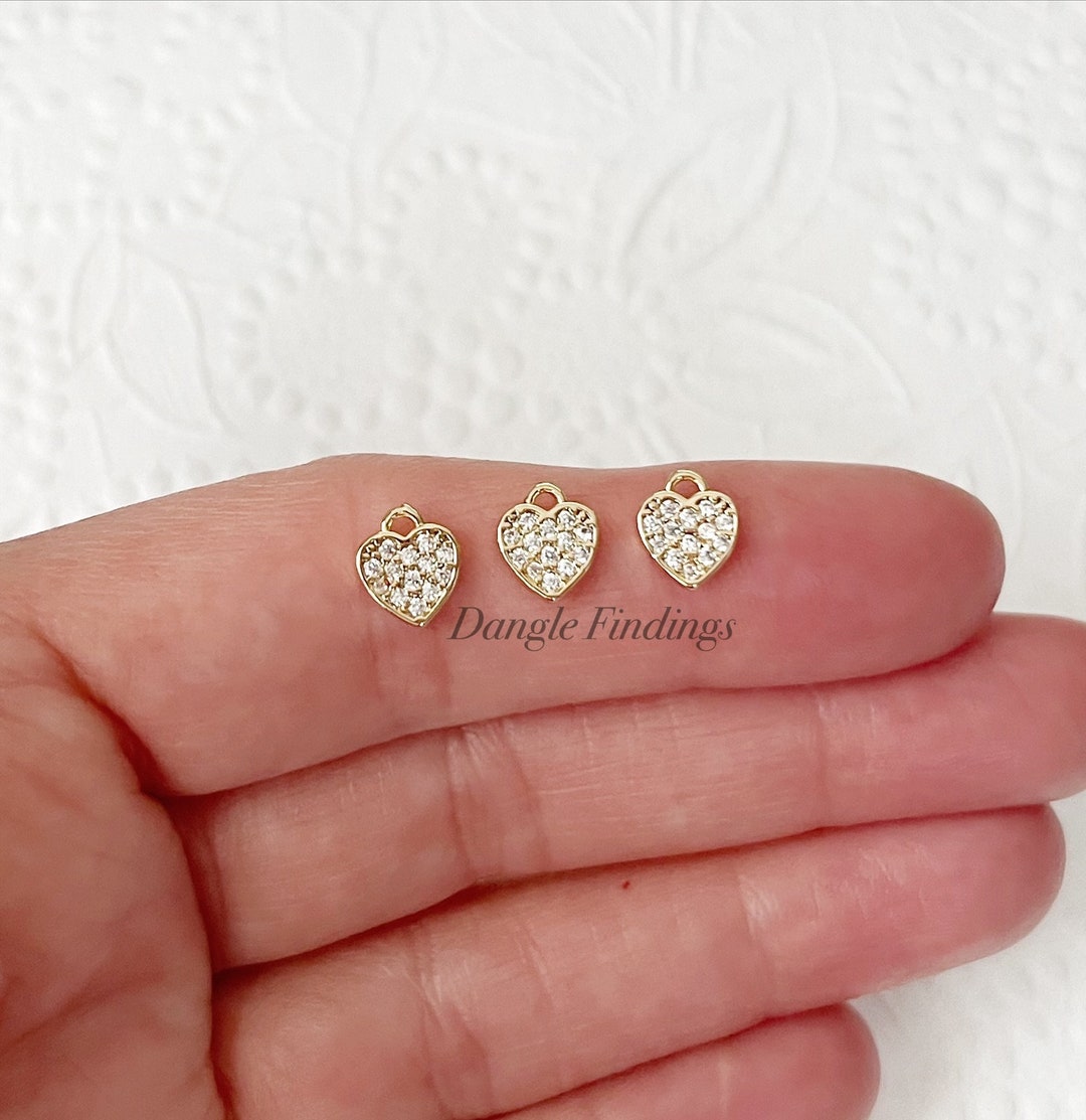 3 Tiny 18k Gold Plated Pave Heart Charms, Cubic Zirconia Sweetheart ...