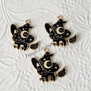 5 Black Cat Charms, Enamel, Halloween, Witch, DIY Jewelry and Crafts ...