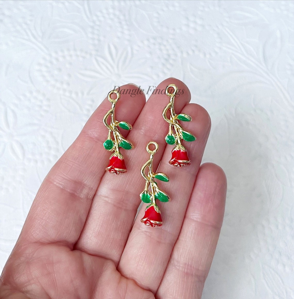5 Rose Charms, Red Enamel, Long Stemmed, Flower, Gold Plated, DIY ...