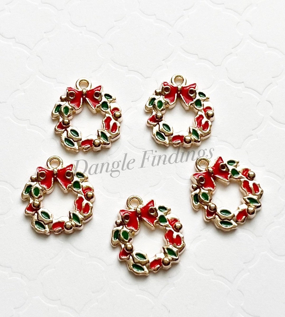 10 Wreath Charms, Gold Plated, Christmas, Enamel, Red and Green, Xmas ...
