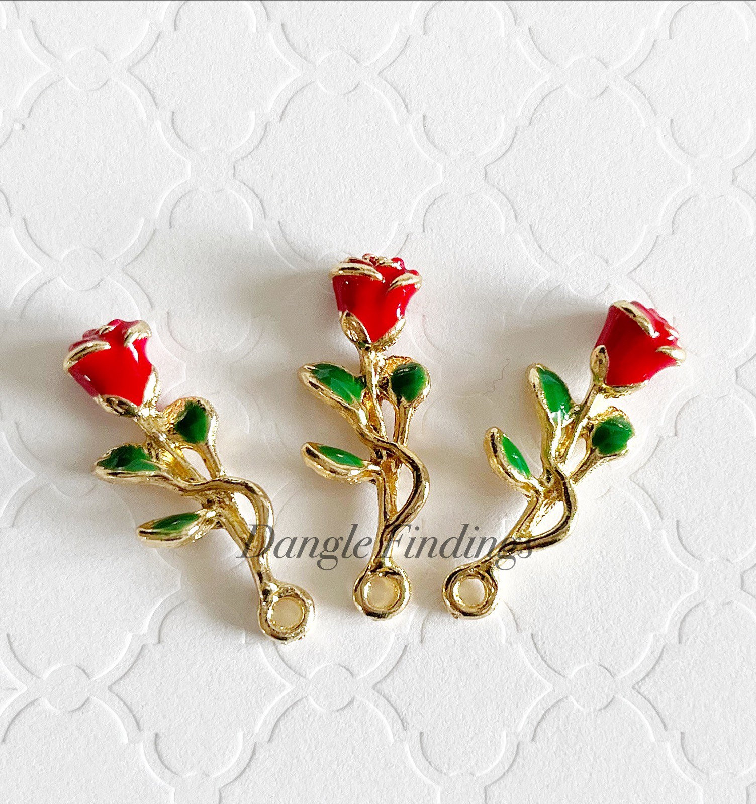 5 Rose Charms Red Enamel Long Stem Flower Gold Plated DIY - Etsy