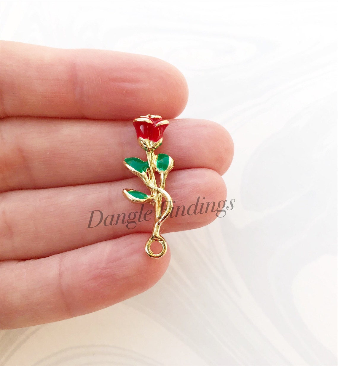 5 Rose Charms Red Enamel Long Stem Flower Gold Plated DIY - Etsy