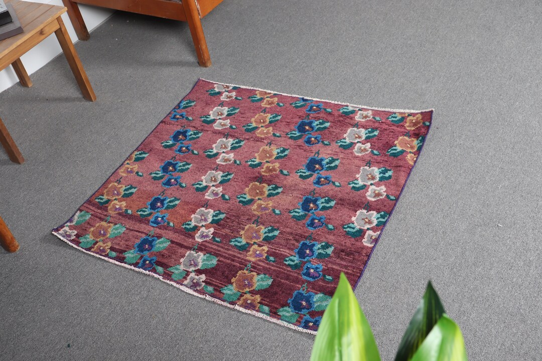 Small Rugs Turkish Vintage Antique for Kitchen 3.1x2.9 Ft Purple Floral ...