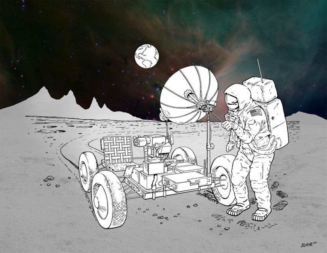 NASA 1970 Concept Art Apollo 15 Moon Mission Landing Pointing High Gain ...