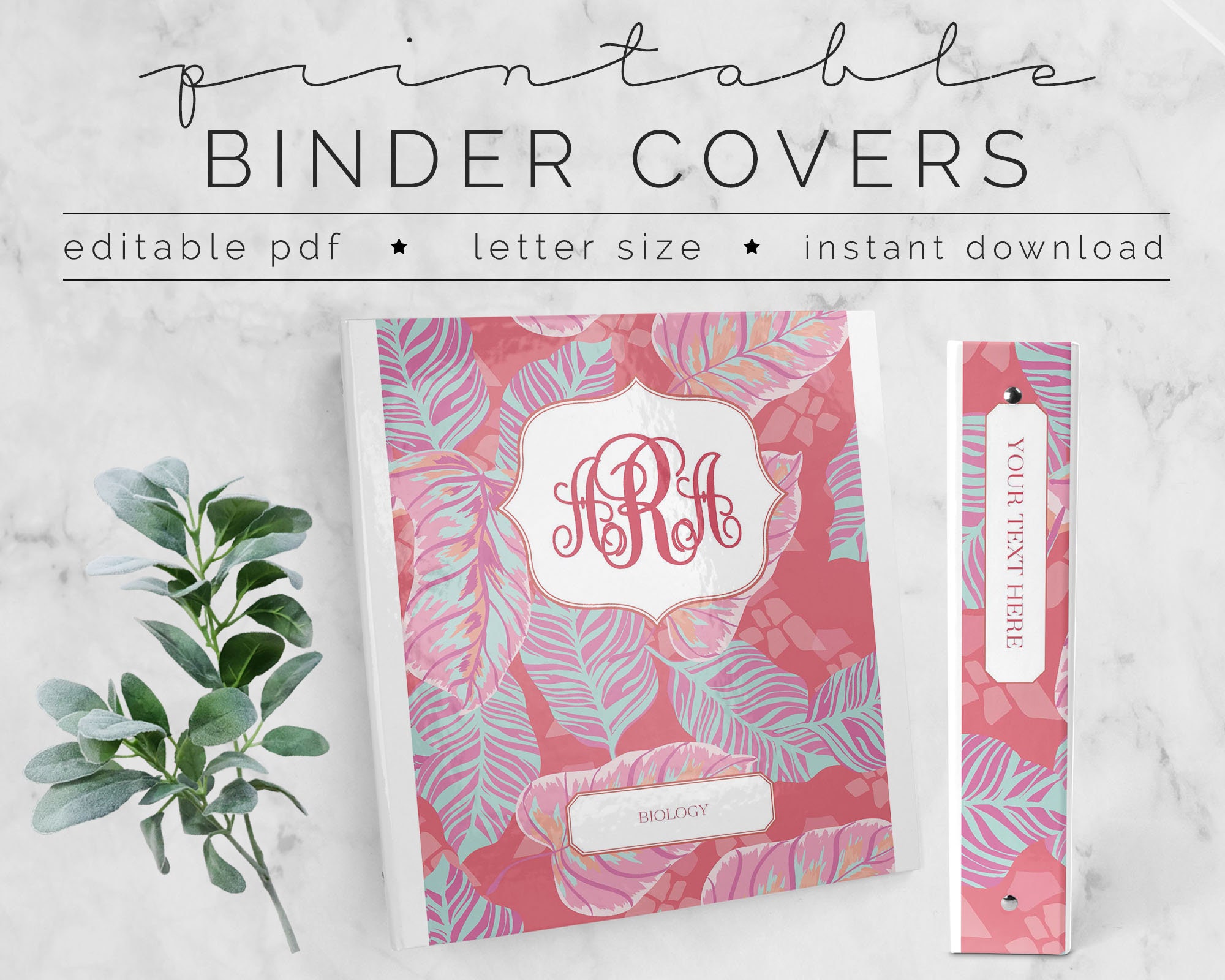 Pink Tropical Palm Floral- Printable Binder Covers - Monogram - Preppy ...