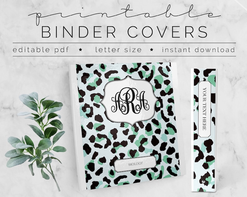 Mint Leopard Cheetah Printable Binder Covers Monogram Preppy Printable ...