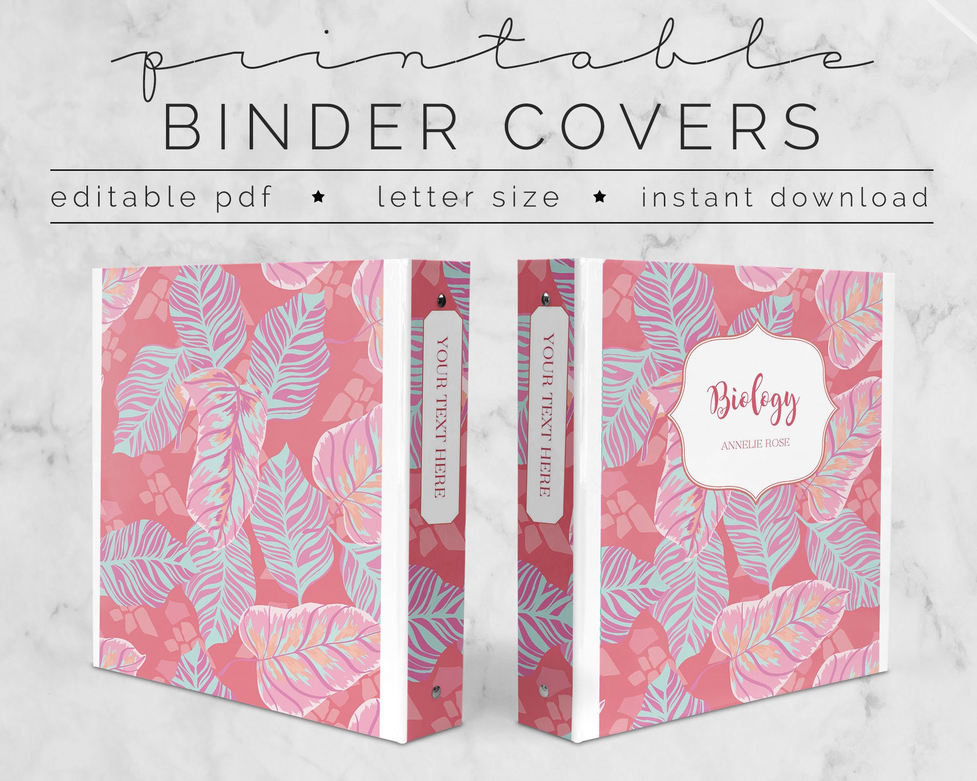 Pink Tropical Palm Floral- Printable Binder Covers - Monogram - Preppy ...