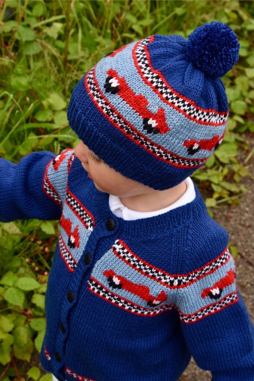 Boys RACING CAR Bobble HAT - Childs Fair Isle Beanie - Hand Knit Hat ...