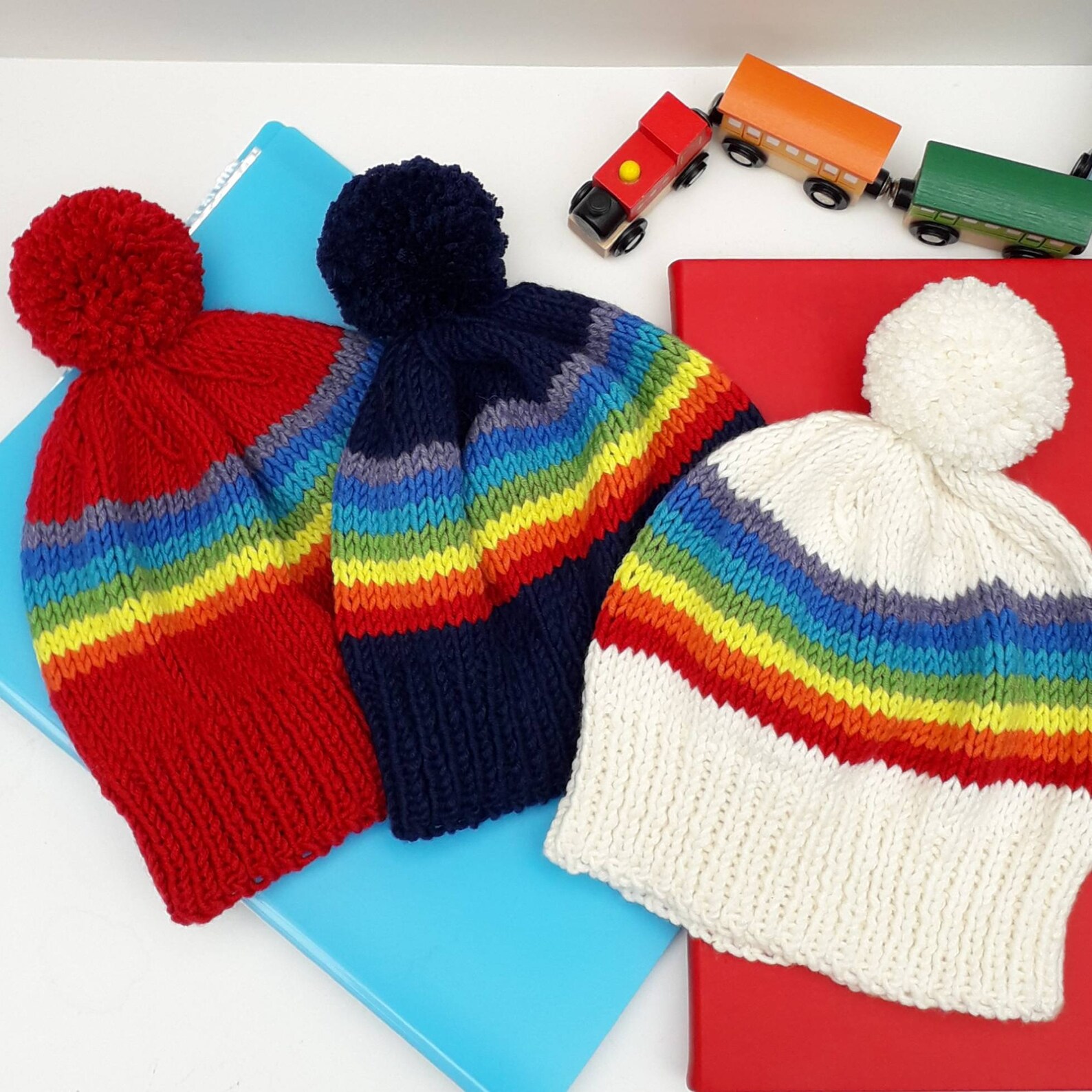 CHILDS Rainbow Stripe BOBBLE HAT - Hand Knit Beanie Hats - Pure Merino ...