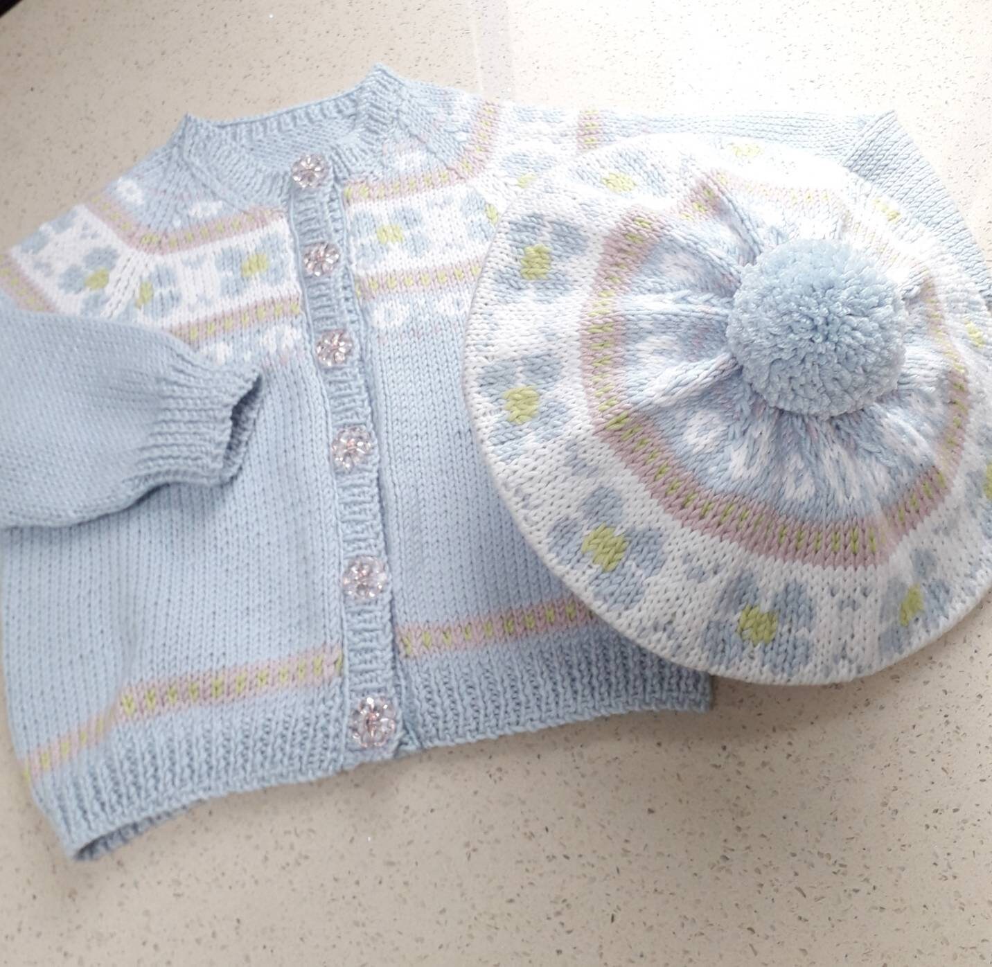 AMELIE Girls Fair Isle CARDIGAN - Hand Knitted Pastel Blue & Pink ...
