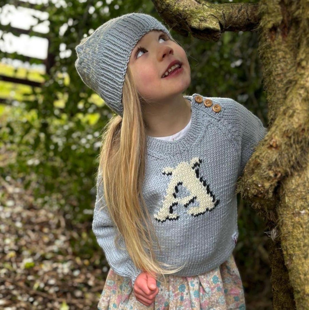 Hand KNITTED Childs Pale Blue INITIAL Letter JUMPER - Sizes Birth to 8 ...
