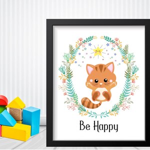 Be Happy, Cute Kitten, Flower Wreath, Printable Wall Art, Nursery Decor ...
