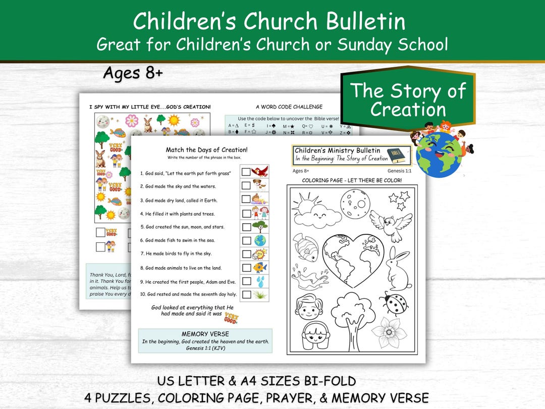 Childrens Church Bulletin Bible Story of Creation Ready to Use Sunday ...