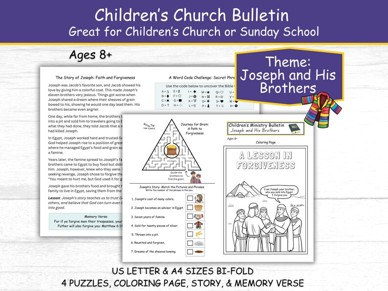 Childrens Church Bulletin Bible Story of Joseph and Brothers Sunday ...