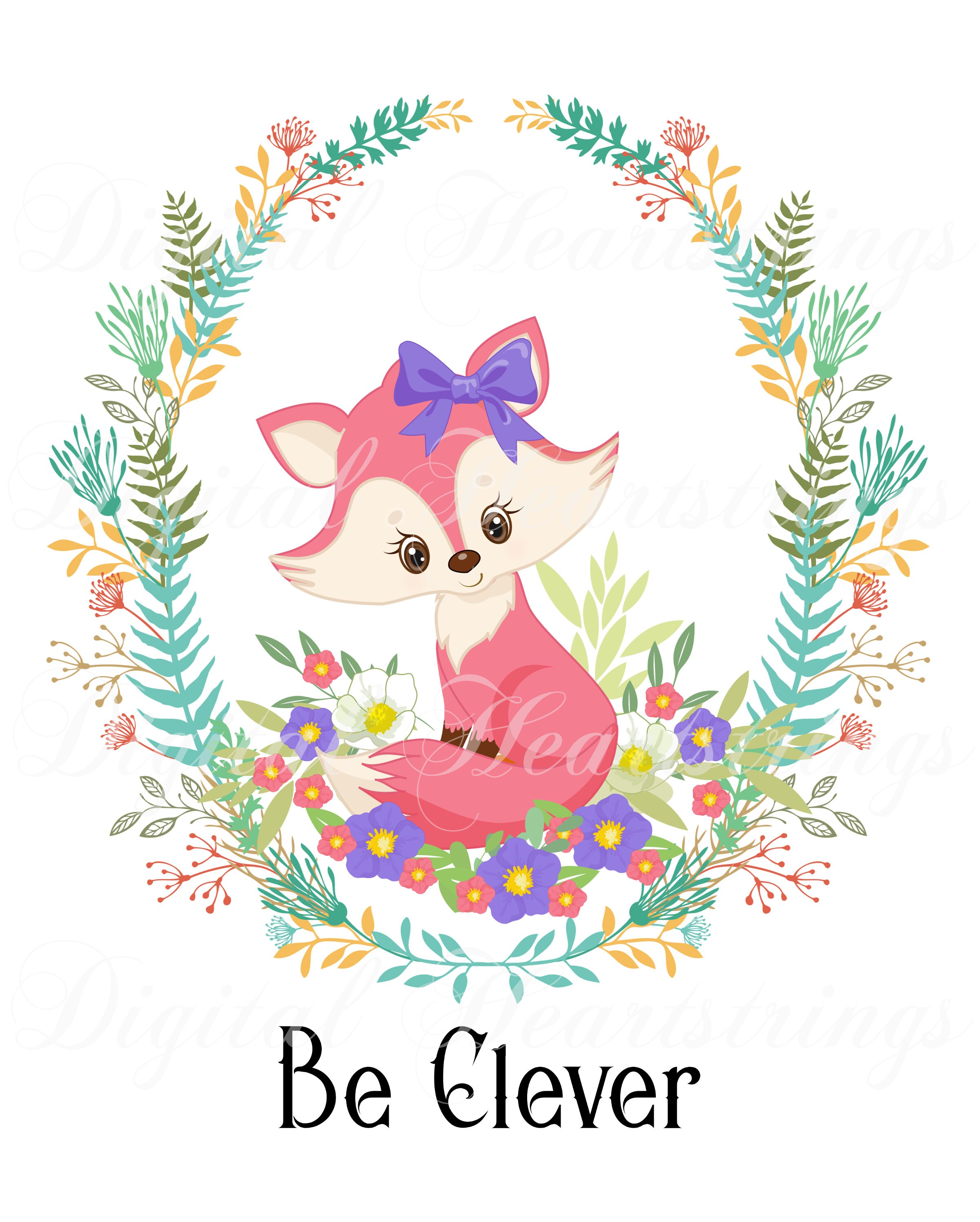 Be Clever Cute Fox Flower Wreath Printable Wall Art - Etsy